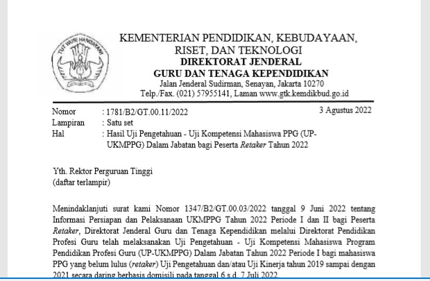 Hasil Uji Pengetahuan Uji Kompetensi Mahasiswa PPG
