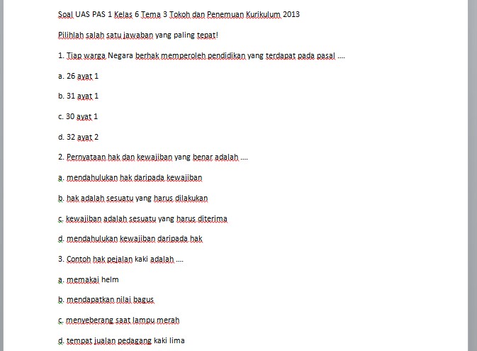 Soal UAS PAS 1 Kelas 6 Tema 3