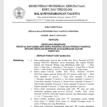 SK Pemenang FLS2N Tingkat SMA MA Tahun 2022