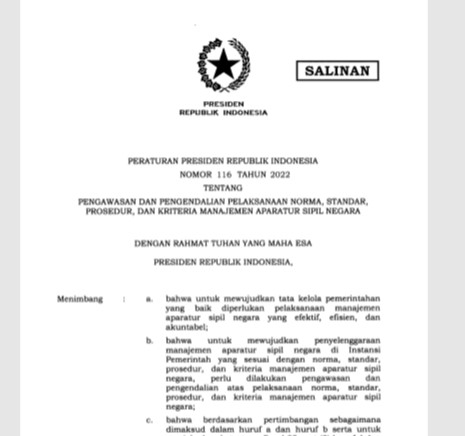 Perpres Nomor 116 Tahun 2022 tentang Pengawasan